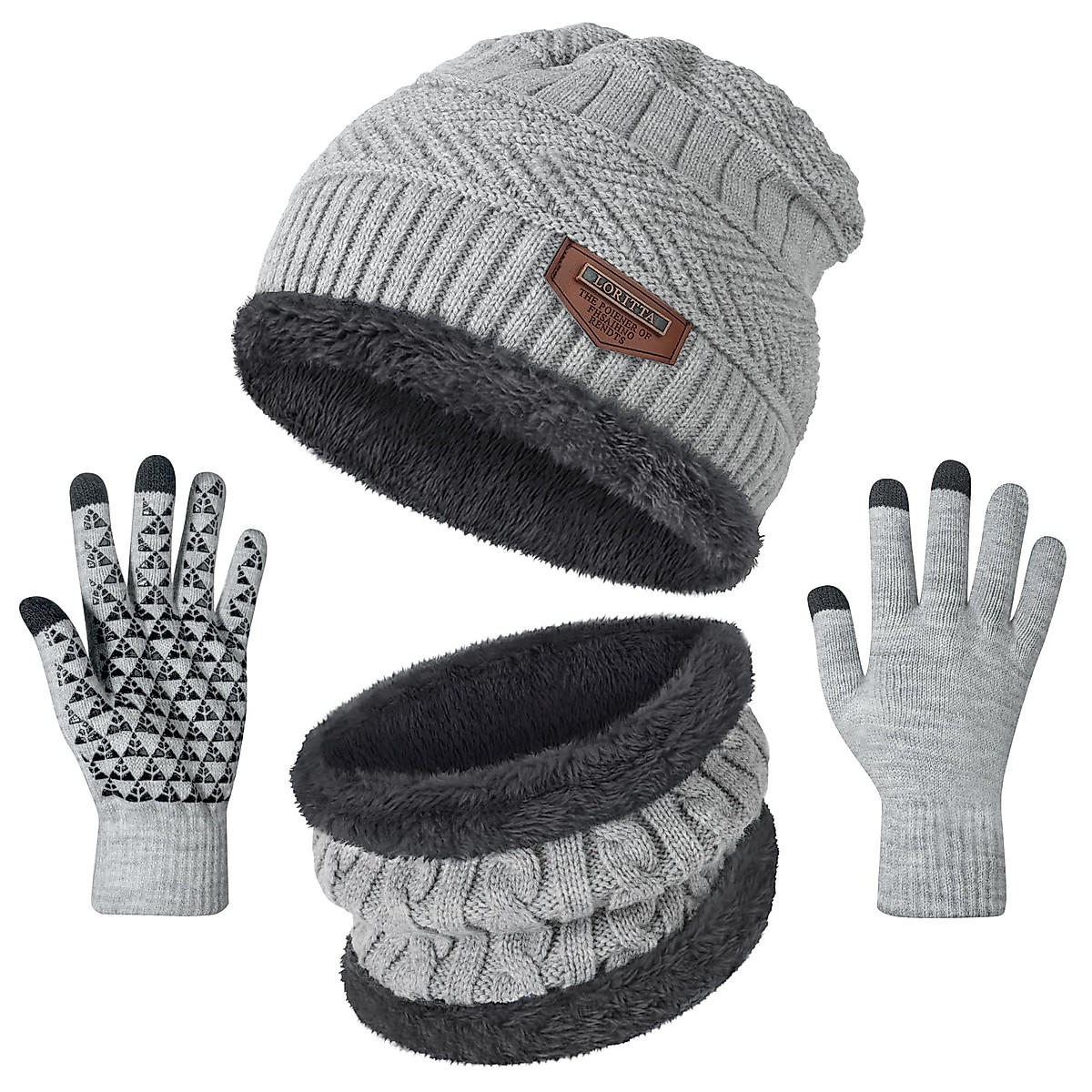 Winter Beanie Hats Scarf Gloves Set Thick Warm Slouchy Beanies Hat Knit Skull Cap Neck Warmer for Men Women, Light Grey