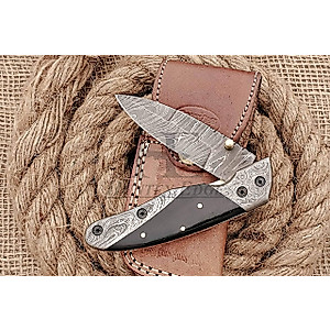 HUNTEX Custom Handmade Hand-Forged Twist Pattern Damascus Steel 4 Inch Long Natural Walnut Wood Handle Razor Sharp Hunting Folding Pocket Spear Knife with Pocket Clip & Genuine Leather Pouch