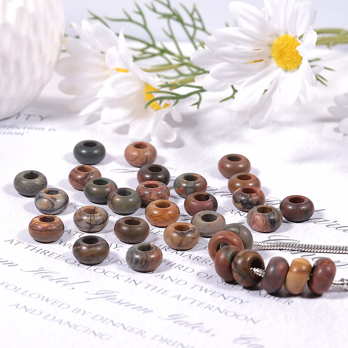 TUMBEELLUWA 40pcs Crystal Stone Large Hole Beads for Jewelry Making Macrame Beads for Hair Braids(14mmx8mm), Tiger's Eye Stone + Rose Quartz + Picasso Jasper + Yellow Jade