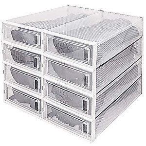 WAYTRIM Stackable Boots Storage Box,8 Pack Foldable Boots Box Organizer and Storage Boots box Clear Plastic Storage Bins Shoe Container Drop Front Shoe Drawers For Boots,White