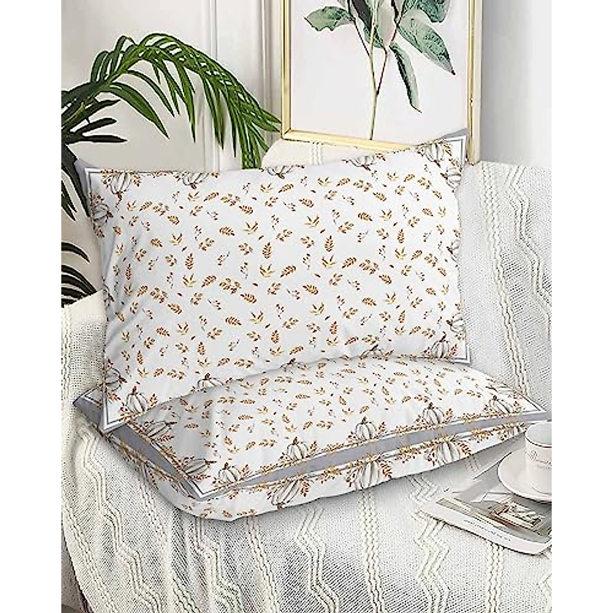 Edwiinsa Thanksgiving Pillow Covers King Standard Set of 2 Bed Pillow, Fall Pumpkin Farmhouse Maple Leaf Grey Plush Soft Comfort for Hair/Skin Cooling Pillowcases with Envelop Closure 20''x36''