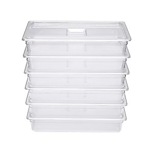 DYNAMI 6 Pack Food Pans with Lids,Full Size 4in Deep Commercial Clear PC Square Food Storage Containers,Heat-Resistant,Freezer-Safe To Store Vegetables,Fruits, Meats, Grains, for Kitchen Restaurant