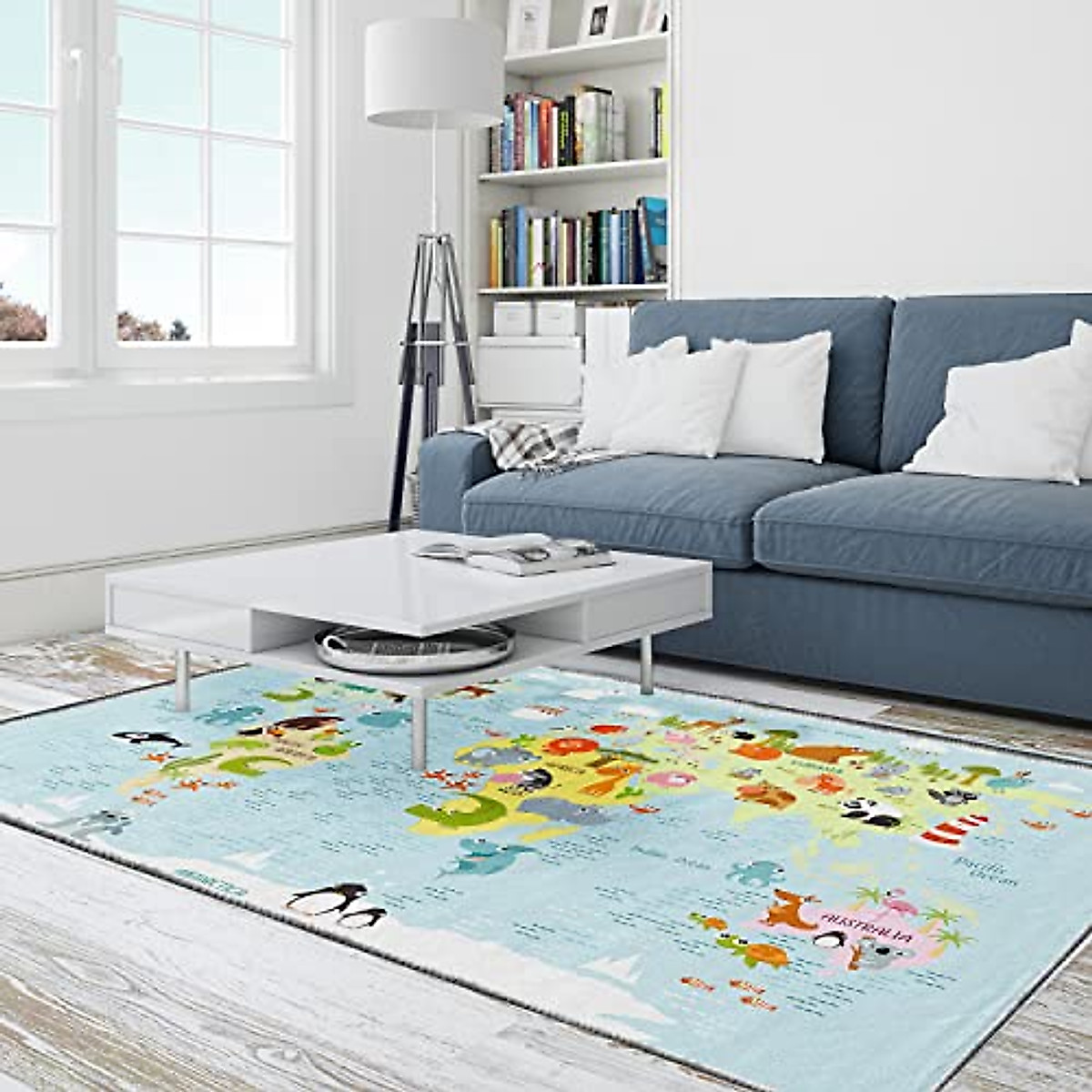 Kids Area Rug World Map Cute Animal Rugs Educational Floor Carpet for Boy Girl Machine Washable Area Rugs for Living Room, Bedroom, Playroom,8' x 10', Blue