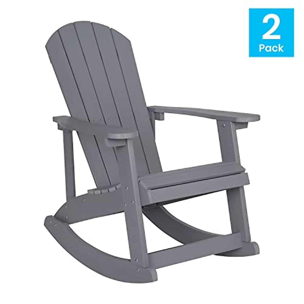 Flash Furniture Savannah Poly Resin Wood Adirondack Rocking Chair - All Weather Gray Polystyrene - Stainless Steel Hardware - Set of 2