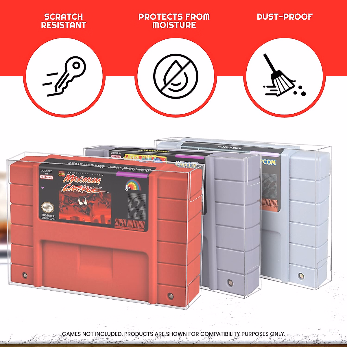 SNES Games Cartridge Protector Compatible for Super Nintendo SNES Games Cartridge - 0.40 MM Thick, Anti-Dust, Acid-Free SNES Super Games Cart, Clear PET Case Protector by EVORETRO (Pack of 25)