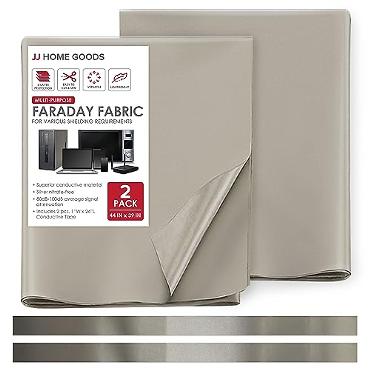 JJ CARE Faraday Fabric [Pack of 2, 44" x 39" Faraday Cloth + 1" x 24" Long Faraday Tape + Instructions] - Military Grade Shielding Fabric from Signals, Bluetooth, GPS, Signal Blocker, WiFi Jammer