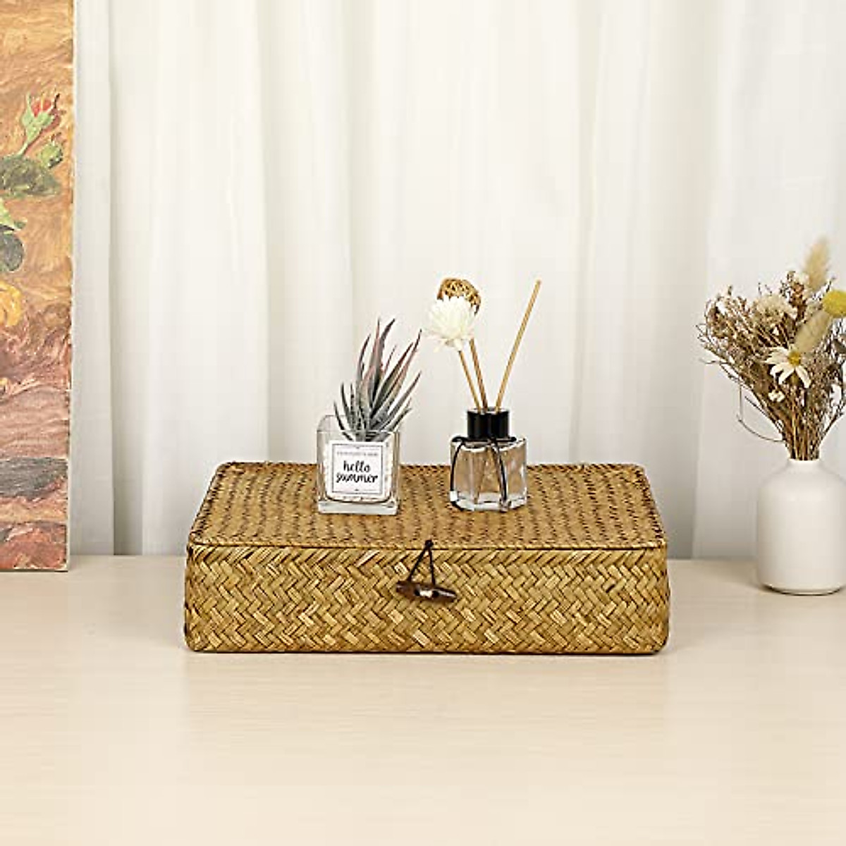 BTSKY 1 Pack Large Wicker Basket With Lid Flat Woven Storage Bins for Shelf Organizing Natural Seagrass Storage Baskets with Lids Home Utility Organizer Box for Home & Office Supplies, Caramel