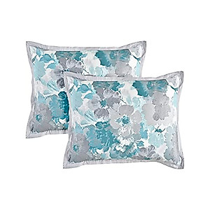 Lanwood Home Claire Cotton 10-Piece Comforter Set, Includes Comforter, Bed Skirt, 2 Standard Shams, 2 Euro Shams, 3 Throw Pillows & Throw Blanket, Teal Floral, King