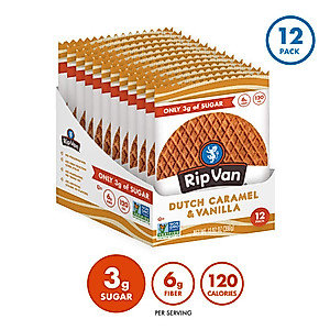 Rip Van WAFELS Dutch Caramel & Vanilla Stroopwafels, Healthy Non GMO, Low Calorie / Sugar Office Snacks, Keto Friendly, (3g), 12 Count (Packaging May Vary)