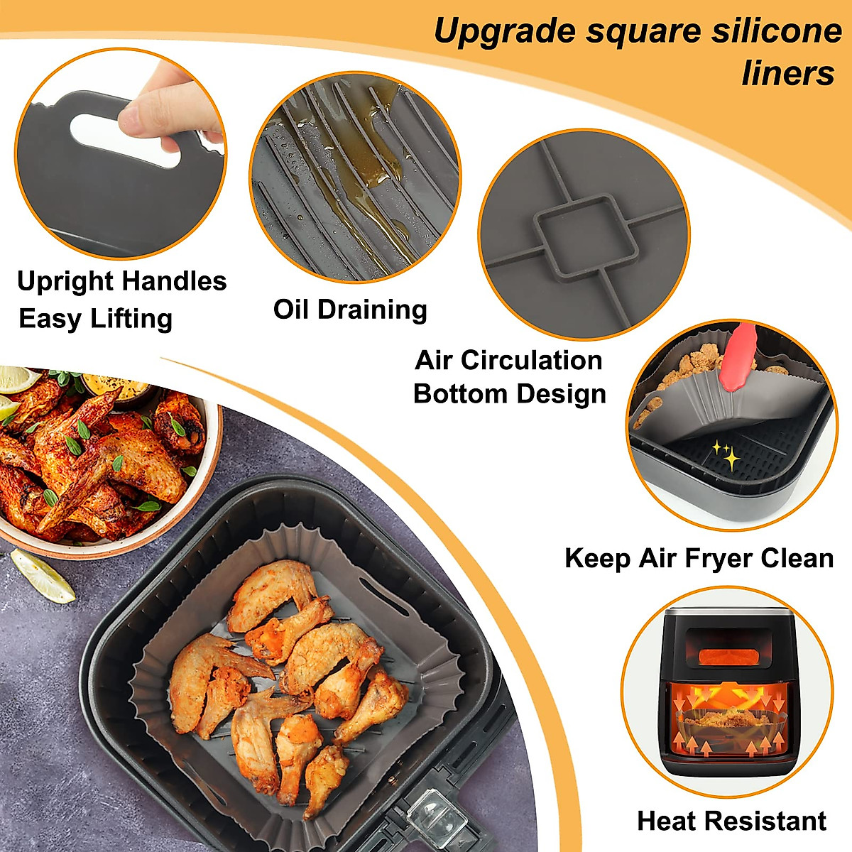 BYKITCHEN Square Air Fryer Silicone Liners, 2 Pack 8.5 Inch Reusable Silicone Air Fryer Tray Fit for 4 to 6 QT, Air Fryer Accessories for Cosori, Instant Vortex Air Fryer and More(Inner Size: 7in)