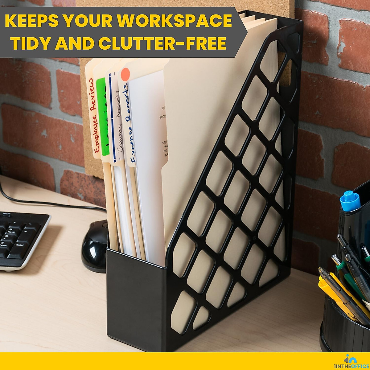 1InTheOffice Plastic Magazine File Holder, File Holder Organizer Box, 3 x 10 x 11.88, Recycled, Black, (2 Pack)