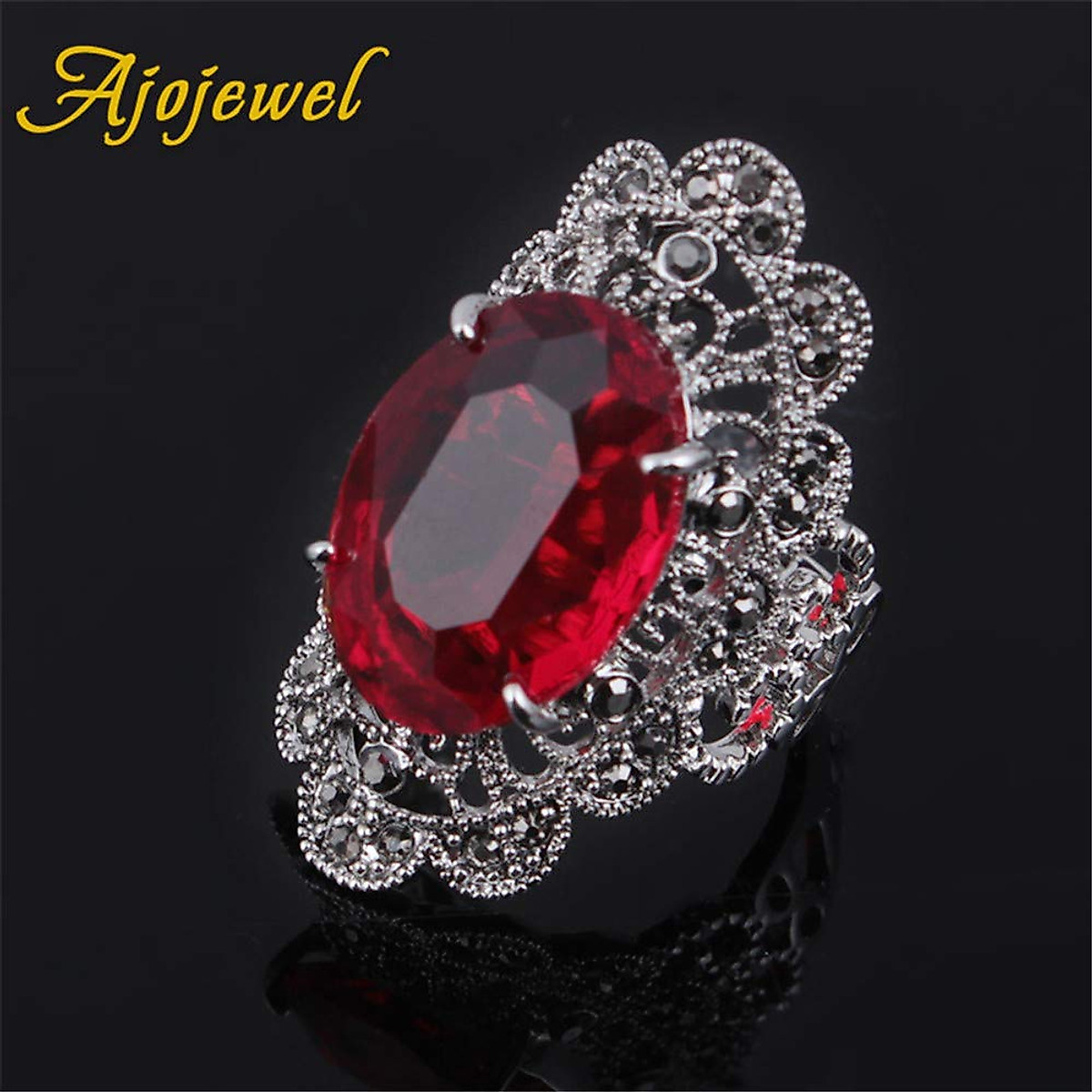 Ajojewel Big Oval Crystal Red Rings For Women Hollow Out Flower Design Finger Jewelry Vintage Anel (Red, 9)