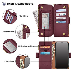 Antsturdy Compatible with iPhone 15 Pro Max Wallet Case,RFID Blocking PU Leather Phone Case Women Men Kickstand flip Cover Wrist Strap Zipper Credit Card Holder Slots for Apple 15 ProMax,Wine Red