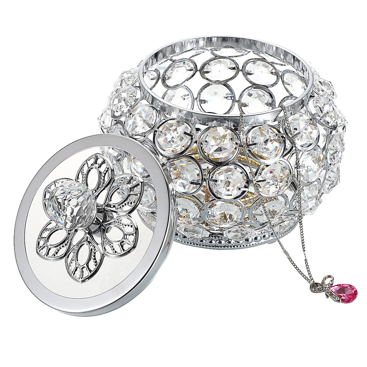 Hipiwe Crystal Jewelry Box with Glass Lid Small Trinket Organizer Mirrored Treasure Box Ring Holder Earrings Necklace Storage Box Keepsake Gift Box for Home Dresser Decor, Silver