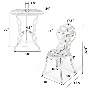 DORTALA Cast Aluminum Patio Bistro Set, 3 PCS Garden Table Set W/ 2 Chairs, Aluminum Frame, Exquisite Rose Scroll, 1.57” Outdoor Furniture for Balcony, Poolside, White