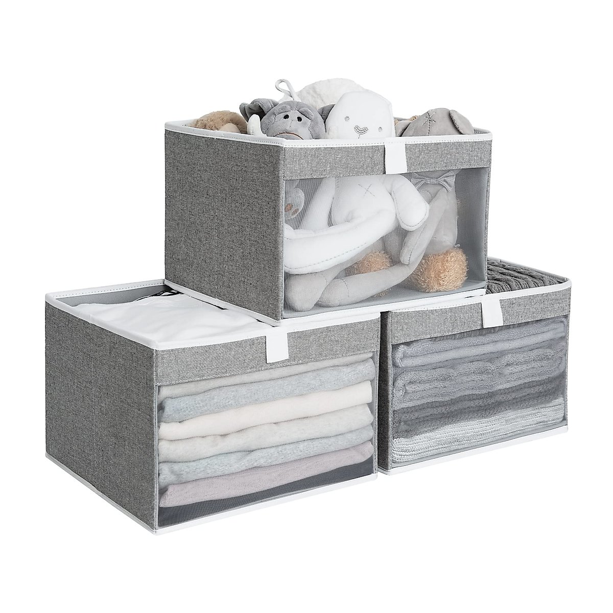 StorageWorks Closet Storage Bins with Clear Window 3 pack, 32L Storage Bins with Lids, Decorative Storage Boxes with Lids and Soft Rope Handles 3 pack