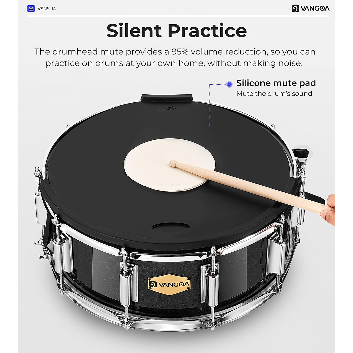 Vangoa Snare Drum Kit 14 x 5.5 Inches Marching School Band Student Beginner Practice Snare Drum with Stand, Gig Bag, 5A Drumsticks, Tuning Key, Coated Drum Head, Strap, Mute Pad, Black