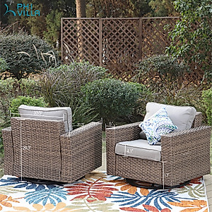 PHI VILLA Outdoor Swivel Rattan Sofa Set of 2, Patio Wicker Sofa Rocking Outdoor Club Chairs with Beige Cushions for Porch Deck Courtyard, Olive Brown