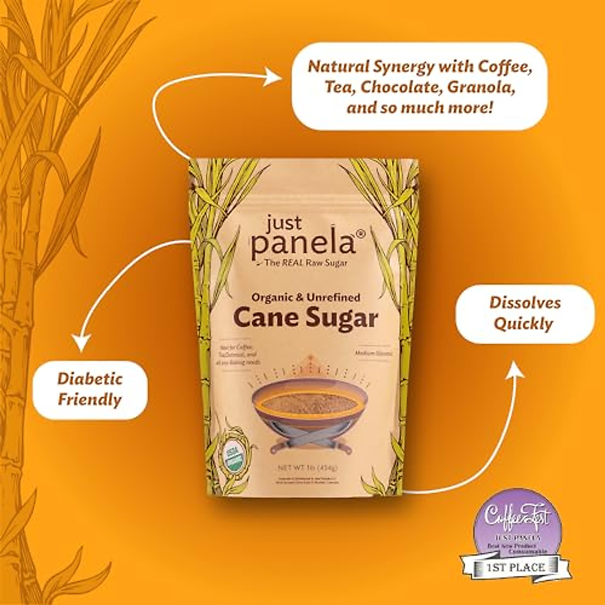 Organic Unrefined Cane Sugar - 1 Pound, Pack of 2 - Sweeten Your Coffee with Natural Cane Sugar - Unprocessed and Handcrafted Cane Sugar with Intact Natural Minerals - Jaggery Powder