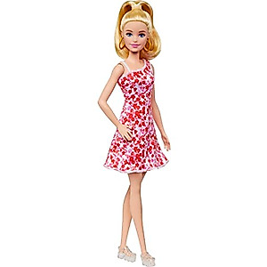 Barbie Fashionistas Doll #205 with Blond Ponytail, Wearing Pink and Red Floral Dress, Platform Sandals and Hoop Earrings