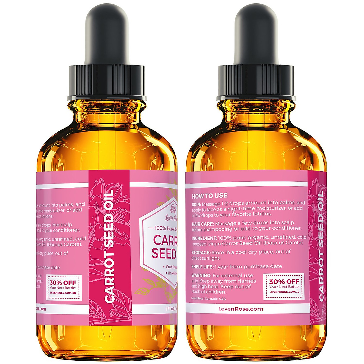 Leven Rose Carrot Seed Oil Pure Unrefined Cold Pressed Moisturizer for Hair Skin and Nails 1 oz