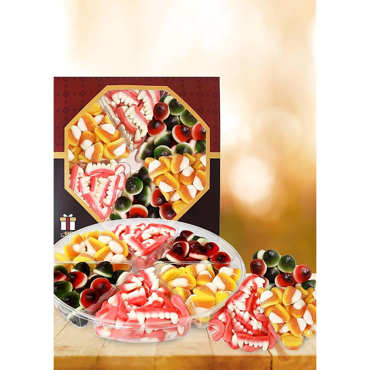 Halloween Gummies Candy Gift Tray, Dracula Teeth, Candy Corn, Worms, Skulls - 1.3 Lbs