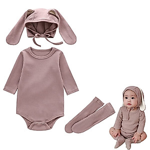 XIFAMNIY Baby Easter Bunny Outfit Romper Bodysuit with 3D Rabbit Ear Hat for Baby Newborn Infant