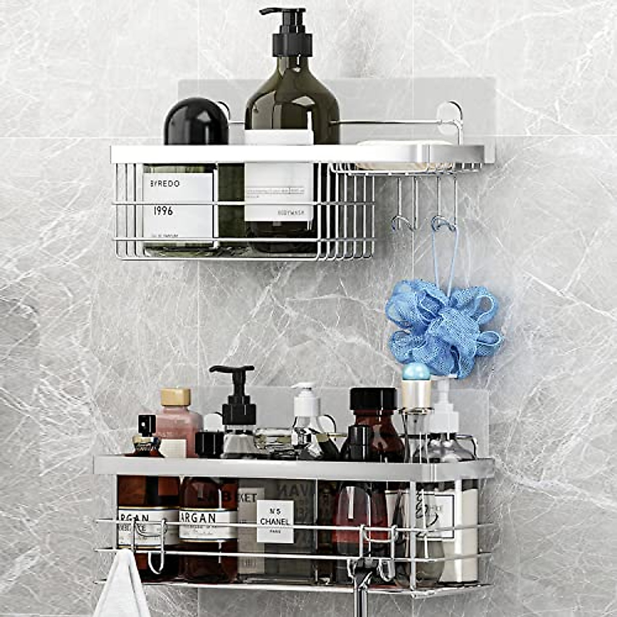 KESOL Shower Caddy and Soap Dish with Hooks Shower Shelf Shower Organizer, No Drilling Adhesive Wall Mounted Bathroom Shelf, Rustproof SUS304 Stainless Steel (2 Pack), Silver