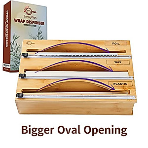 SunnyPlan Plastic Wrap Dispenser with Cutter - 3 in 1 Foil and Plastic Wrap Organizer – Bamboo Drawer Organizer Compatible with 12 inch Wrap Rolls – Installation Hardware Included