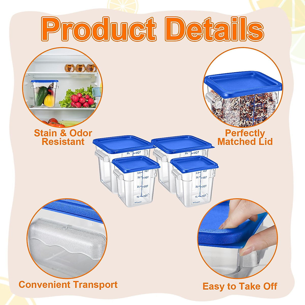 Suclain 8 Pcs Restaurant Food Storage Containers with Lids Set 4qt and 6qt Square Clear Commercial Containers with Scales Handles for Home Marinating Meat Proof Dough Kitchen Food Storage(Blue)