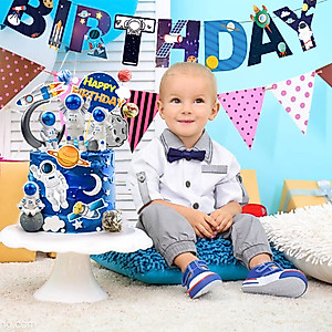 Astronaut Figurines Space Cake Toppers Astronaut Planet Rocket Satellite and Star Space DIY Cake Toppers for Space Theme Party Birthday Party Baby Shower Supplies (Blue)