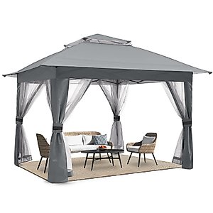COOSHADE 13x13Ft Easy Pop Up Canopy Tent Instant Folding Shelter with Mosquito Netting Walls(Grey)