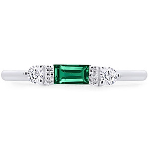 AFFY Baguette Cut Simulated Emerald And White Cubic Zirconia In 14K White Gold Plated 925 Sterling Silver Three Stone Design Bridal Engagement Wedding Ring Jewelry For Women Size -7