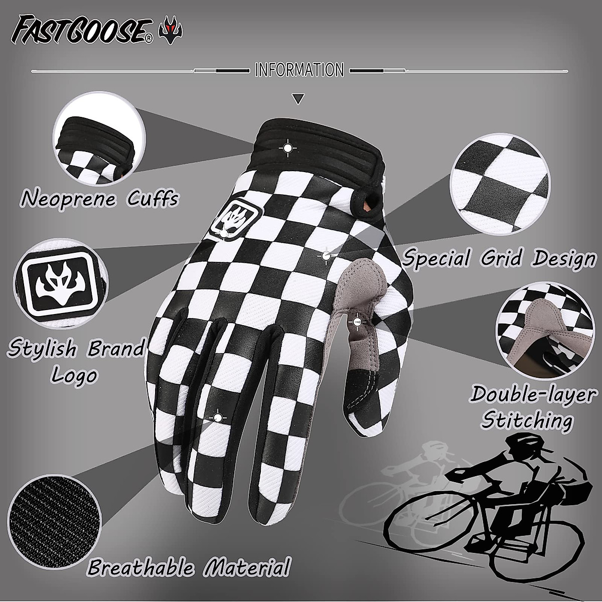 FASTGOOSE Cycling Gloves Bike Gloves Bicycle Gloves for Men/Women,Full-Finger Touch-Screen Breathable Mountain Bike Racing Gloves for ATV MTB,Motocross Gloves Motorcycle Gloves (Black/White, Large)