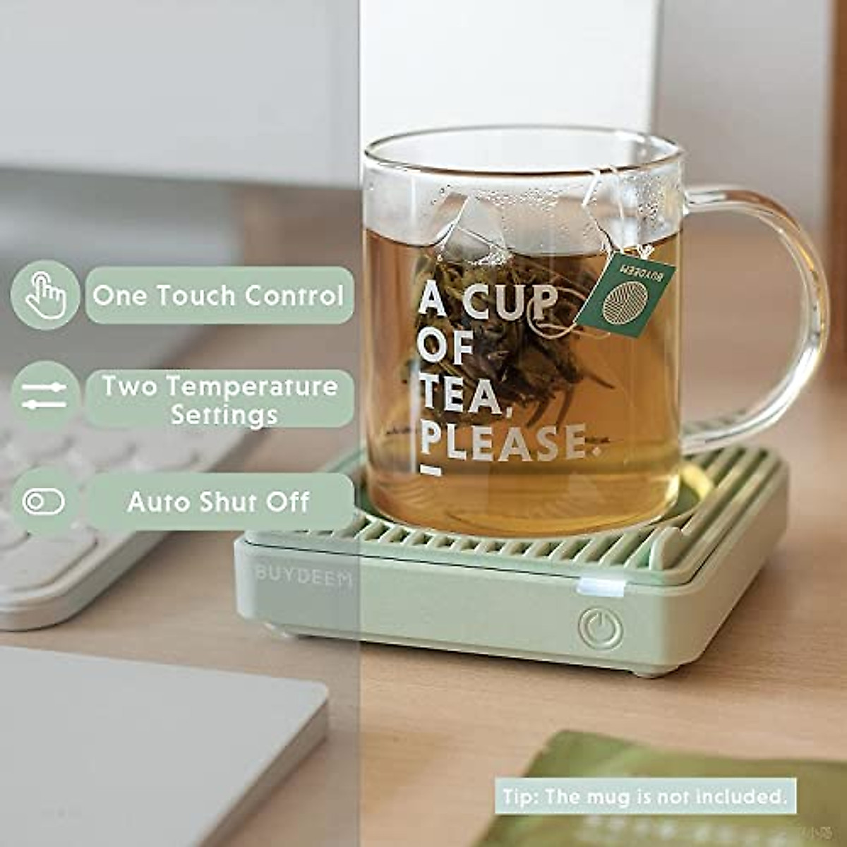BUYDEEM OA20013 Extra Wide Mug Warmer, One-Touch Beverage Cup Warmer with 2 Temperature Settings and Auto Shut-Off, Perfect for Office Desk Use (Cozy Greenish)