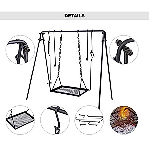 REDCAMP Campfire Cooking Stand for BBQ Picnic Cookware Party, Swing Hanging Grill for Fire Pit with Dutch Oven Lid Lifter & Hooks