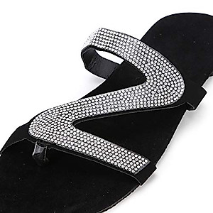 POTO Sandals for Women Casual Summer Rhinestone Glitter Flat Sandals Slide Sandal Roman Shoes Beach Flip Flops Slippers Silver