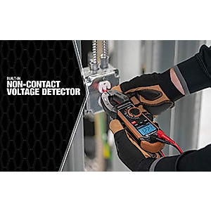 Southwire 21510N clamp meter; third-hand test probe holder; 400A AC current range; CAT III 600V safety rating; built-in non-contact voltage detector; 5 year warranty; Black Brown