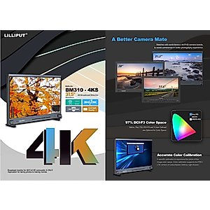 LILLIPUT 31.5" BM310-4KS-VBP Broadcast Monitor 4K/Full HD for Taking Photos & Making Movies with Multiple Signal inputs 3G SDI, HDMI, DVI and VGA –Quad View Split, 3D LUT, HDR with V Mount Plate