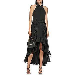 Karl Lagerfeld Paris Women's Chiffon High-Low Maxi Dress with Ruffle Skirt and Mock Neck, Black, 12