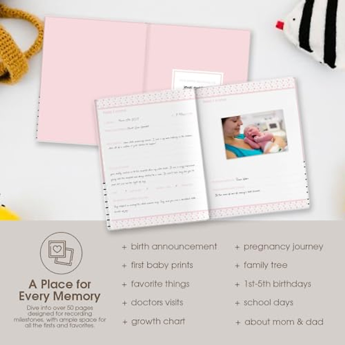Pearhead Hello Baby First 5 Years Memory Book, Baby Girl Keepsake for New and Expectant Parents, Pregnancy And Milestone Journal, Pink