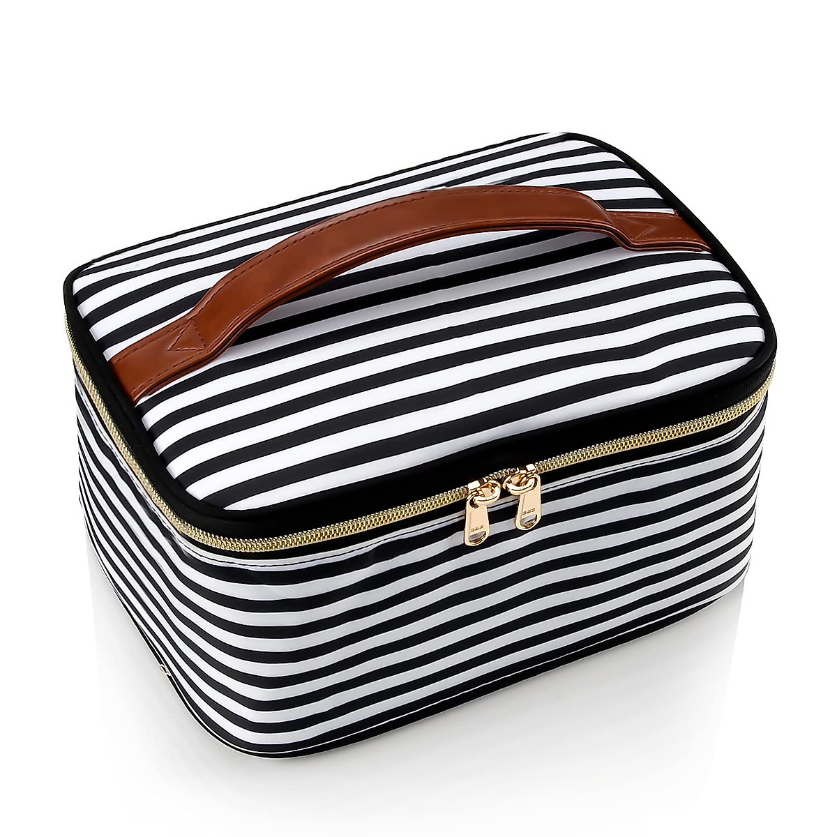 OCHEAL Makeup Organizer Bag, Travel Makeup Bag Organizer Case Portable Cosmetic Bag Make Up Bag for Women And Girls Cosmetics Toiletries with Brushes Slots and Divider-Black/White Stripes
