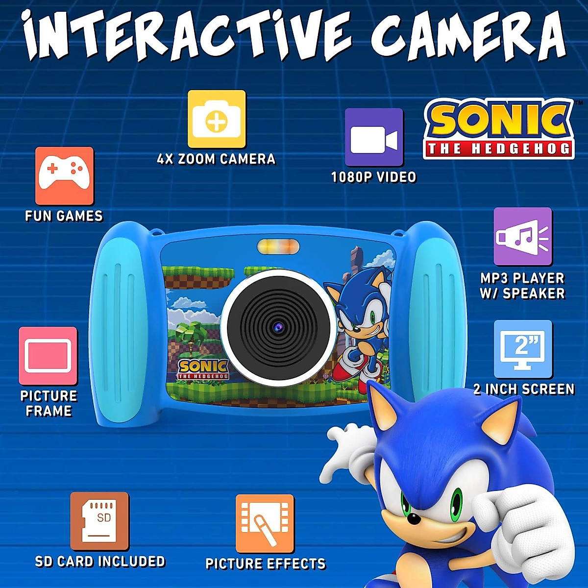FirstTrends Sonic The Hedgehog Interactive Camera for Kids, Fun Rechargeable Camera for Children with Video, 4 x Zoom Camera, MP3 Player, Cool Games & More- SD Card Included- Aged 3+