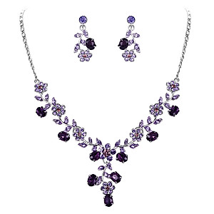 EVER FAITH Wedding Jewelry for Bride, Austrian Crystal Cluster Flower Leaf Bridal Pendant Necklace Earrings Sets Purple Silver-Tone