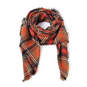 Trendy Women's Cozy Warm Winter Fall Blanket Scarf Stylish Soft Chunky Checked Giant Scarves Shawl Cape Orange