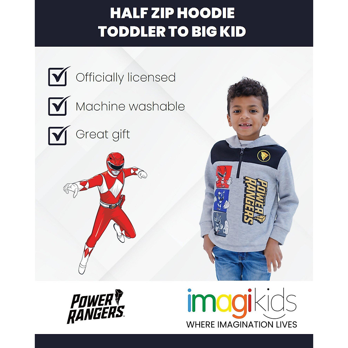 Power Rangers Toddler Boys Fleece Half Zip Hoodie Gray 4T