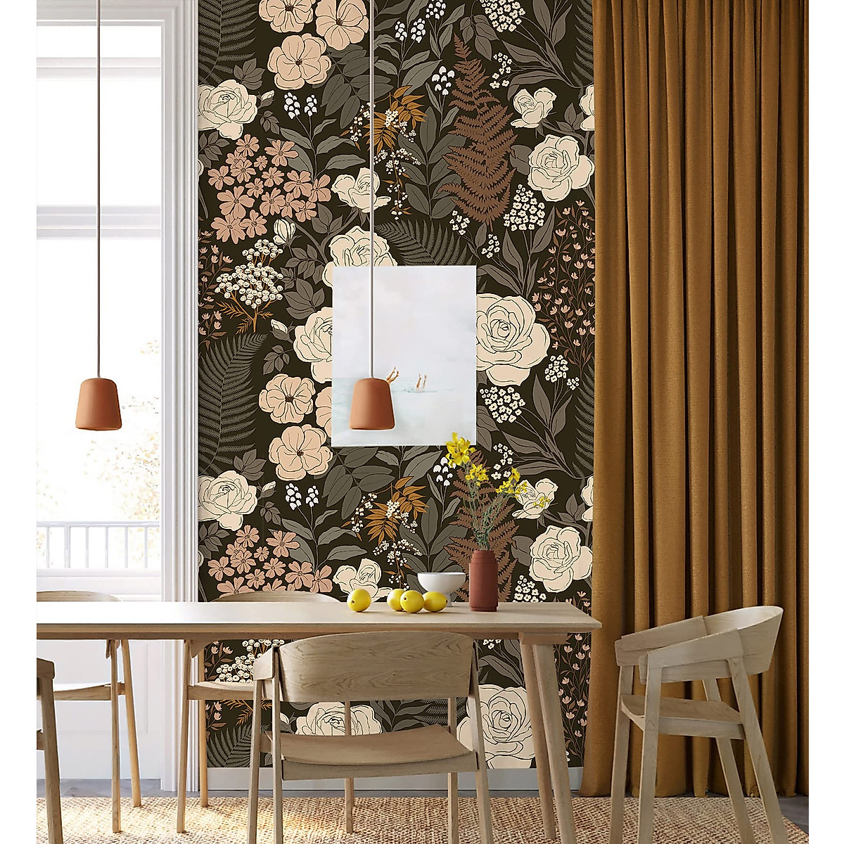 HAOKHOME Peel and Stick Wallpaper Floral Vintage Removable Rose Leaf Black/Brown/Beige Stick on Mural 17.7in x 6.6ft