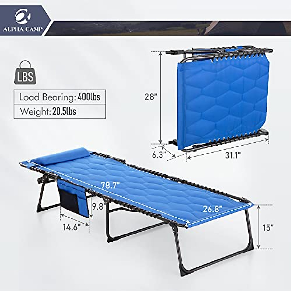 ALPHA CAMP Outdoor Folding Chaise Lounge Chair Support 400 LBS for Beach Lawn Pool Tanning Deck Camping, 5-Position Reclining Patio Chairs with Pillow, Blue