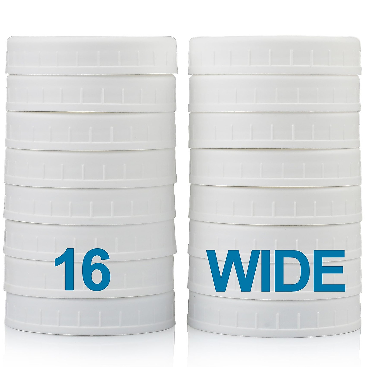 WIDE Mouth Mason Jar Lids [16 Pack] for Ball, Kerr and More - White Plastic Storage Caps for Mason/Canning Jars - Leak-Proof