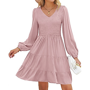 ZESICA Women's Casual V Neck Long Sleeve Smocked High Waist Ruffle A Line Tiered Mini Dress,DarkPink,Medium